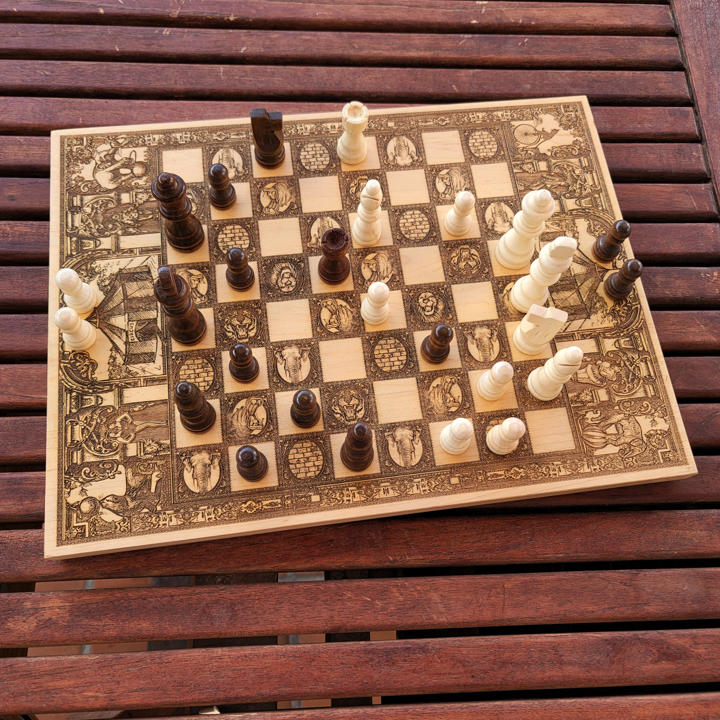 Handcrafted Vintage Circus Chessboard – Laser Engraved Wood | 5-Year ...