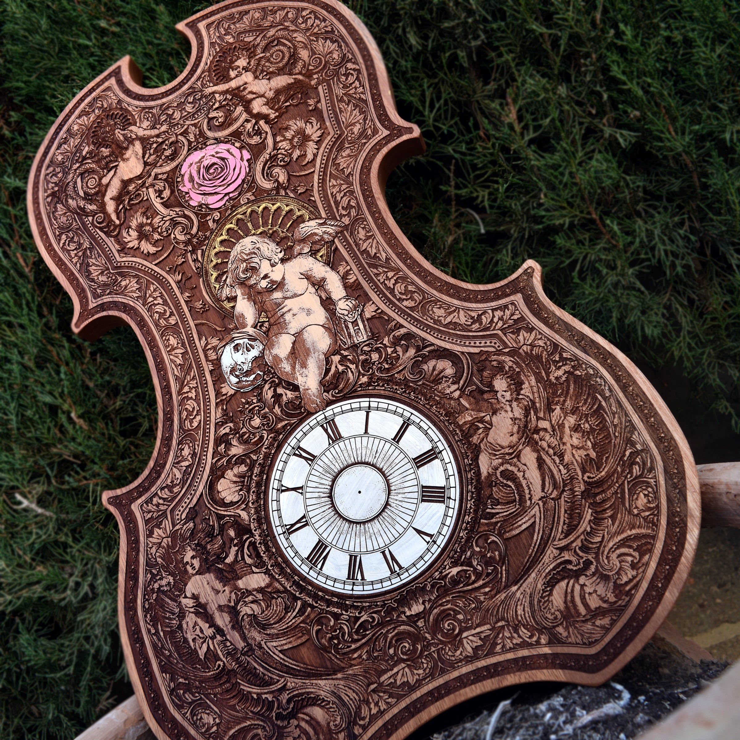 Personalized Time Clock Wood Wall Art: Violin Shape with Mechanical ...